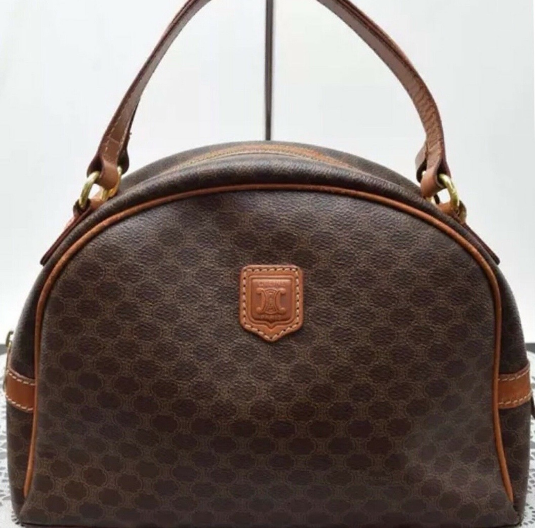 CELINE Logos Macadam Pattern Logos Handbag Leather Trim With Dust Bag ...