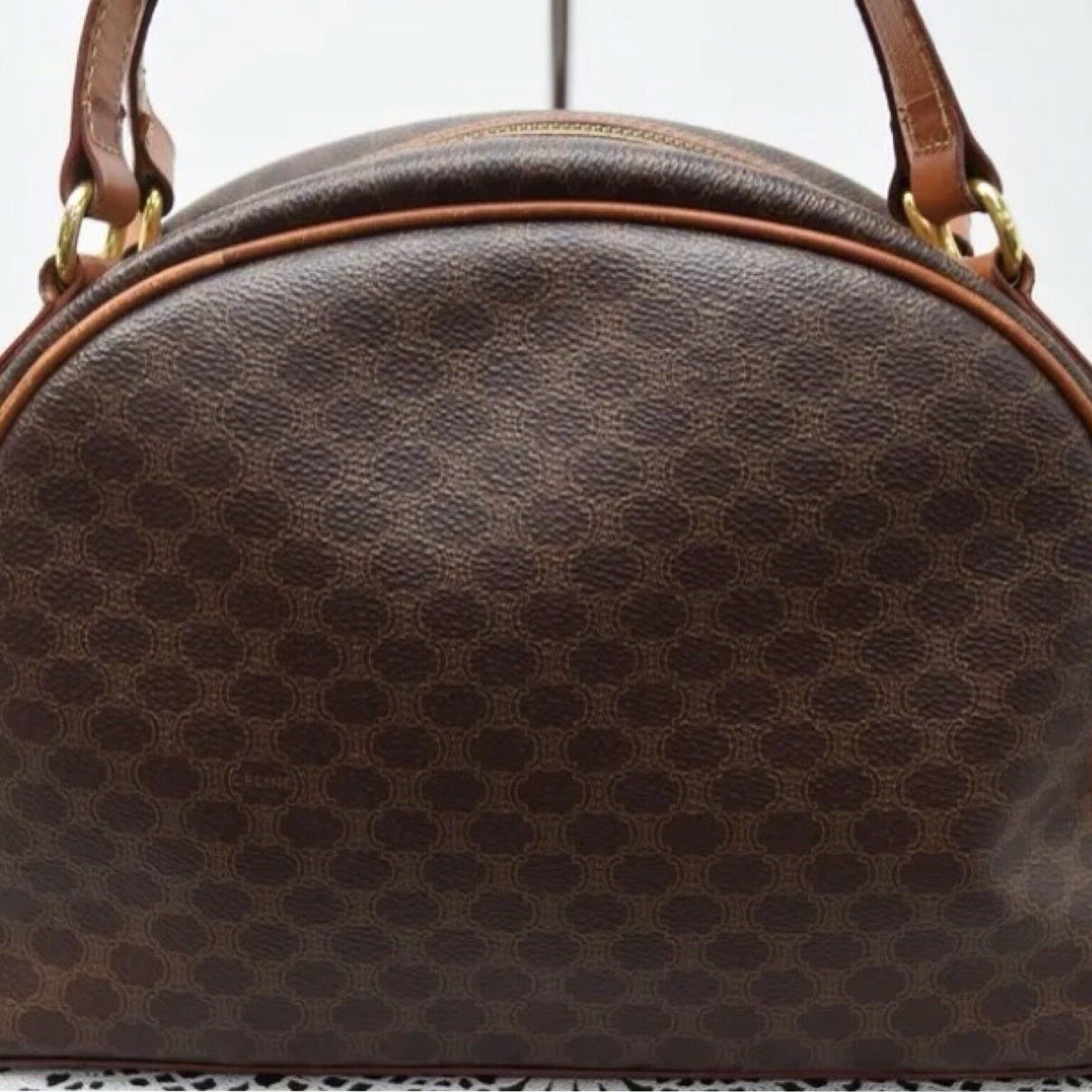 CELINE Logos Macadam Pattern Logos Handbag Leather Trim With Dust Bag ...