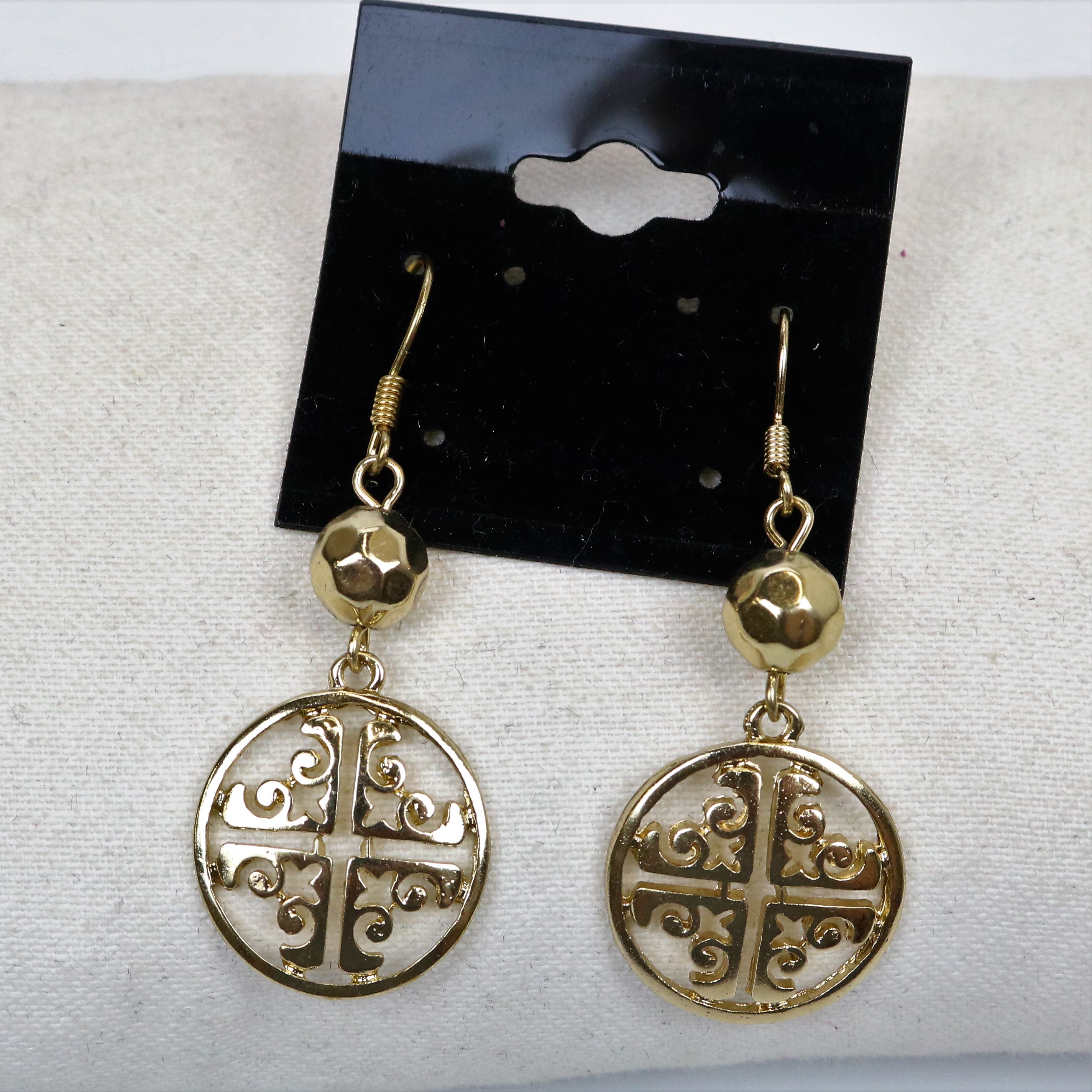 Gold Tone Bead Dangle Circle Cross Earrings | Property Room