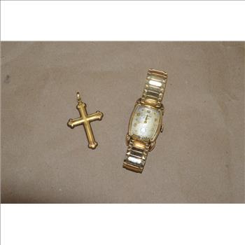 Gold Colored Wristwatch & Cross Pendant | Property Room