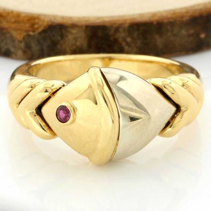 BVLGARI Gold 18k Two Tone with Diamond and Ruby Naturalia Fish Ring ...