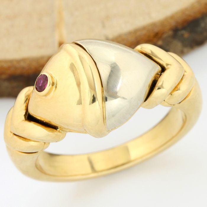 BVLGARI Gold 18k Two Tone with Diamond and Ruby Naturalia Fish Ring ...