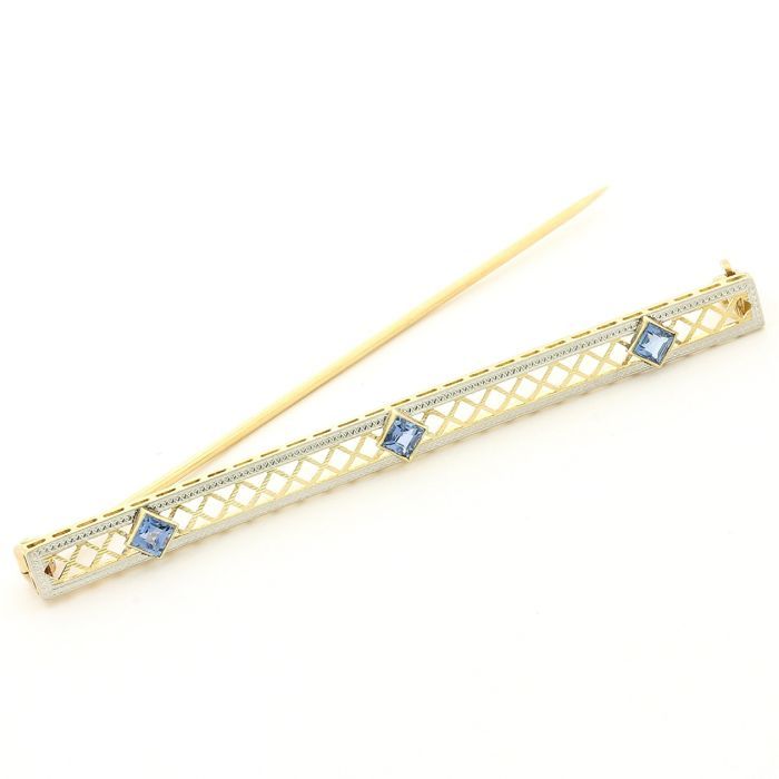 Genuine Antique 14k Yellow Gold & White Natural Sapphire Gold Bar Pin ...
