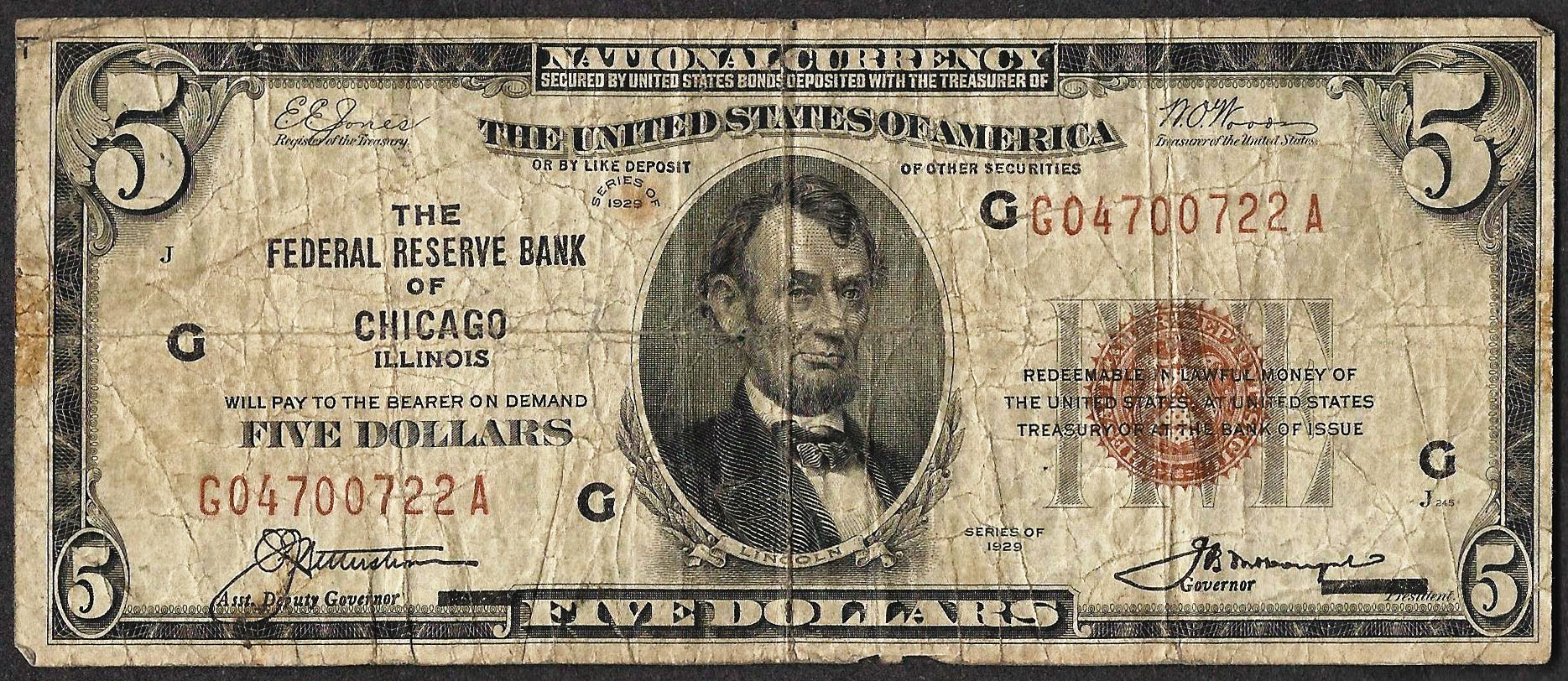 1929 $5 Federal Reserve Bank Note Chicago, IL | Property Room