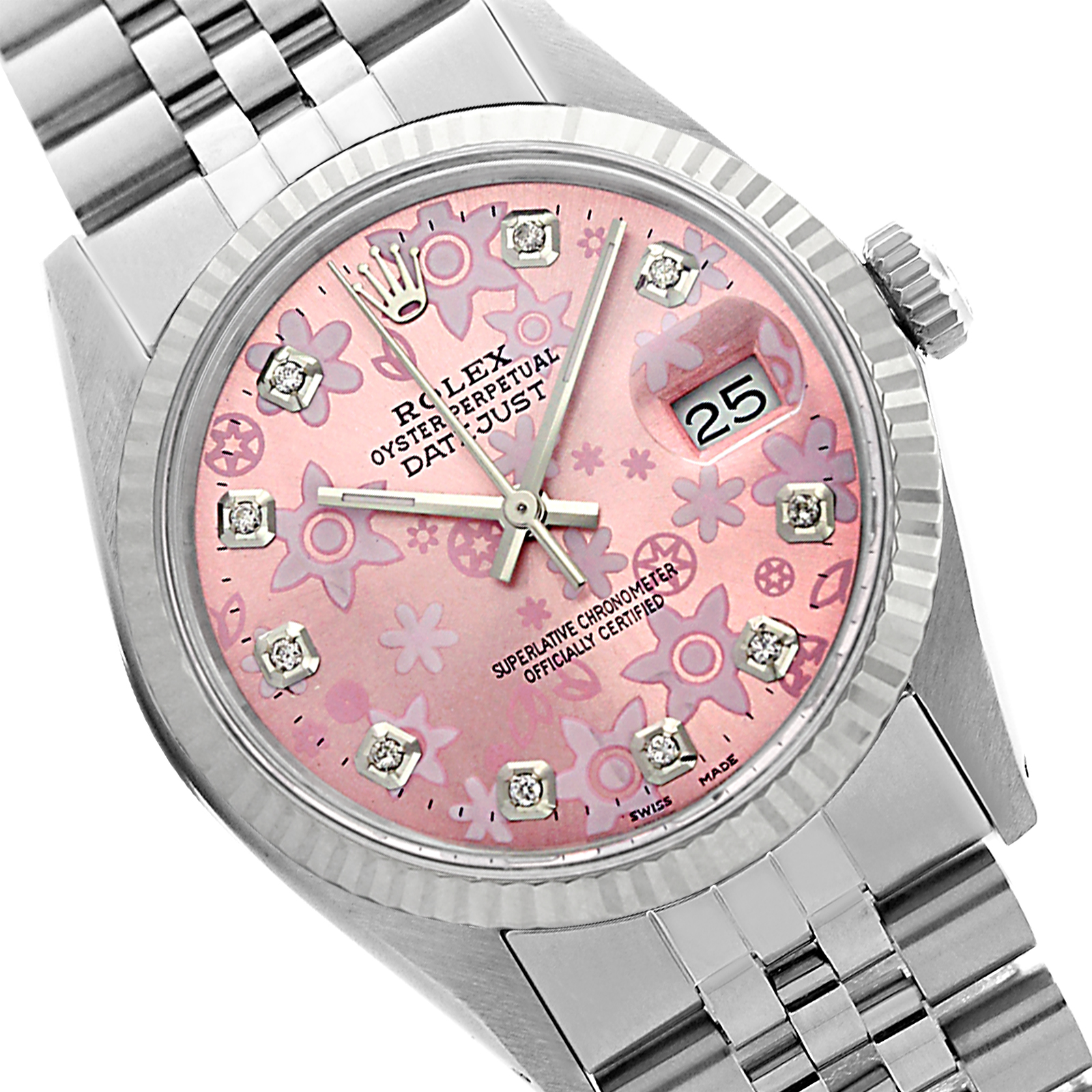 Rolex Unisex Datejust 16014 Pink Flower Diamond Dial Fluted Bezel 36mm ...