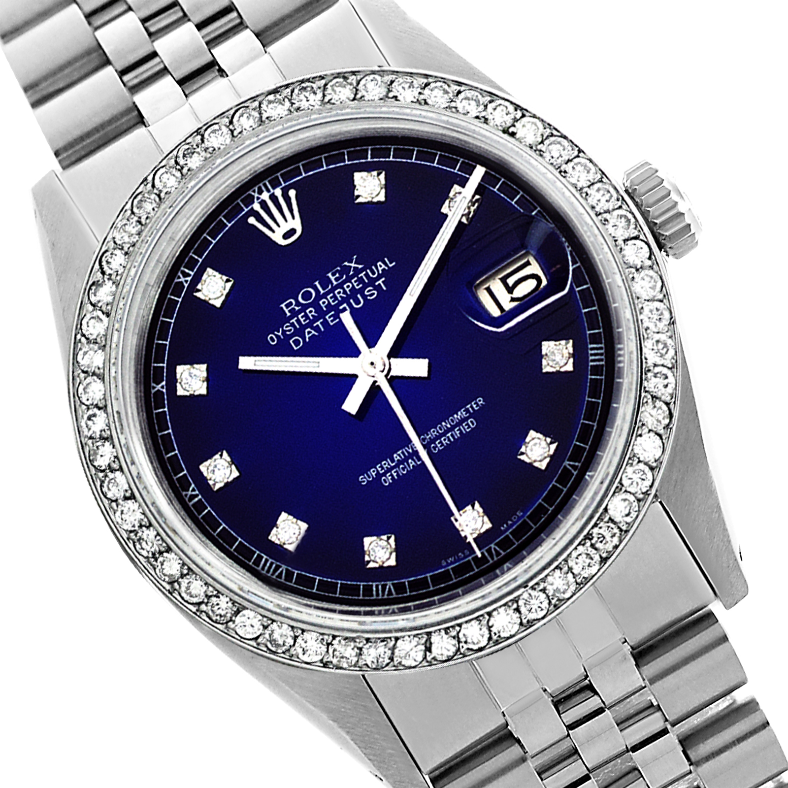 rolex Mens Datejust 16014 Blue Diamond Dial 18K White Gold Diamond ...