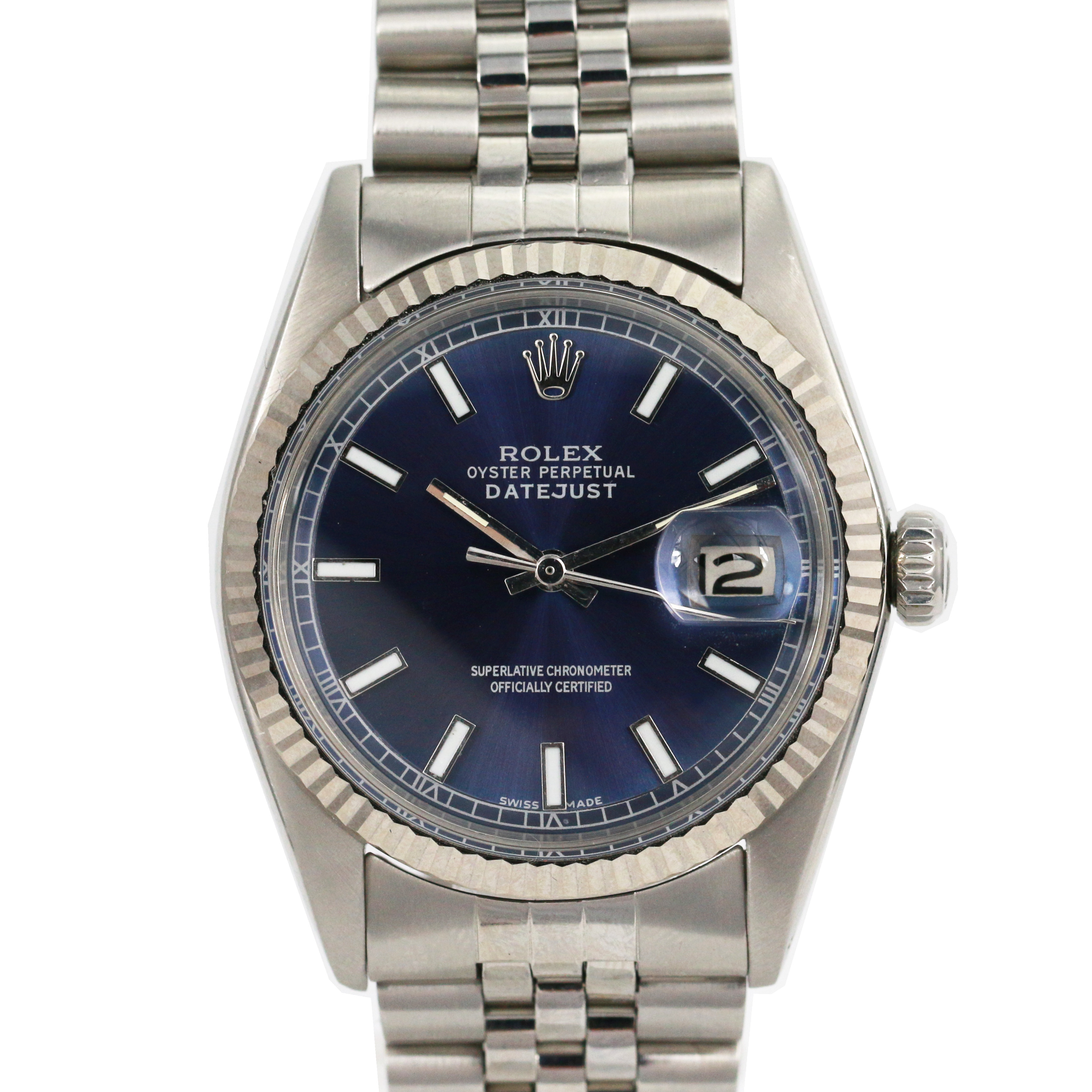 Rolex Mens Datejust Blue Index Dial 18K White Gold Fluted Bezel 36mm ...