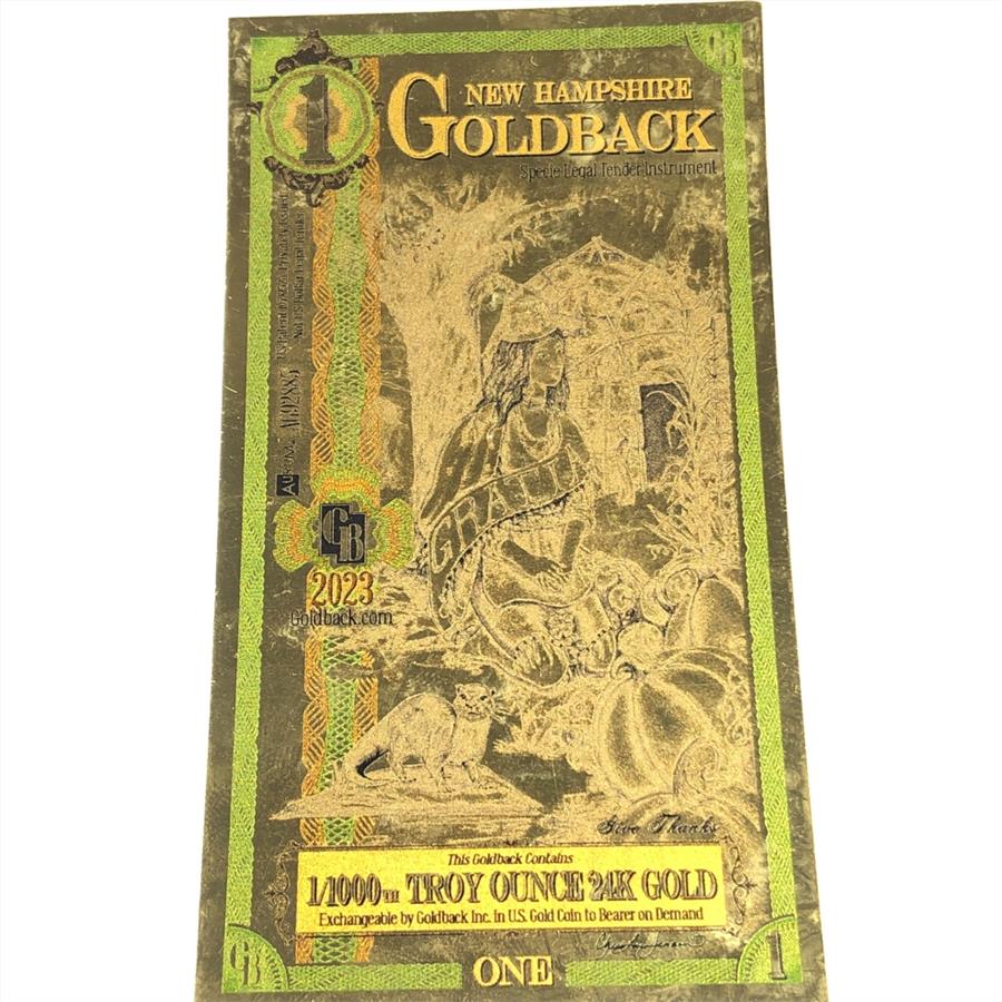 1 New Hampshire Goldback*1/1000 Troy Ounce of 24K Gold*For Circulation ...