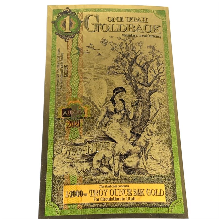 1 Utah Goldback*1/1000 Troy Ounce of 24K Gold*For Circulation in Utah ...
