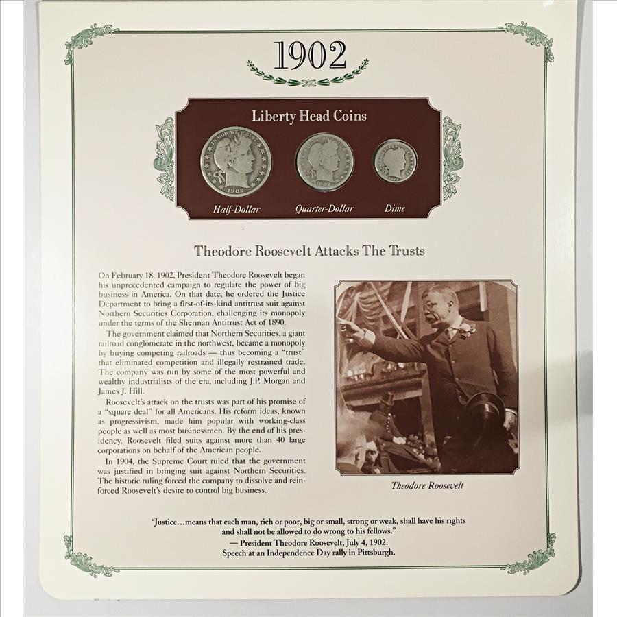 1902 Silver Barber Half Dollar, Quarter and Dime*On 9" x 10" Historical Story Board | Property Room