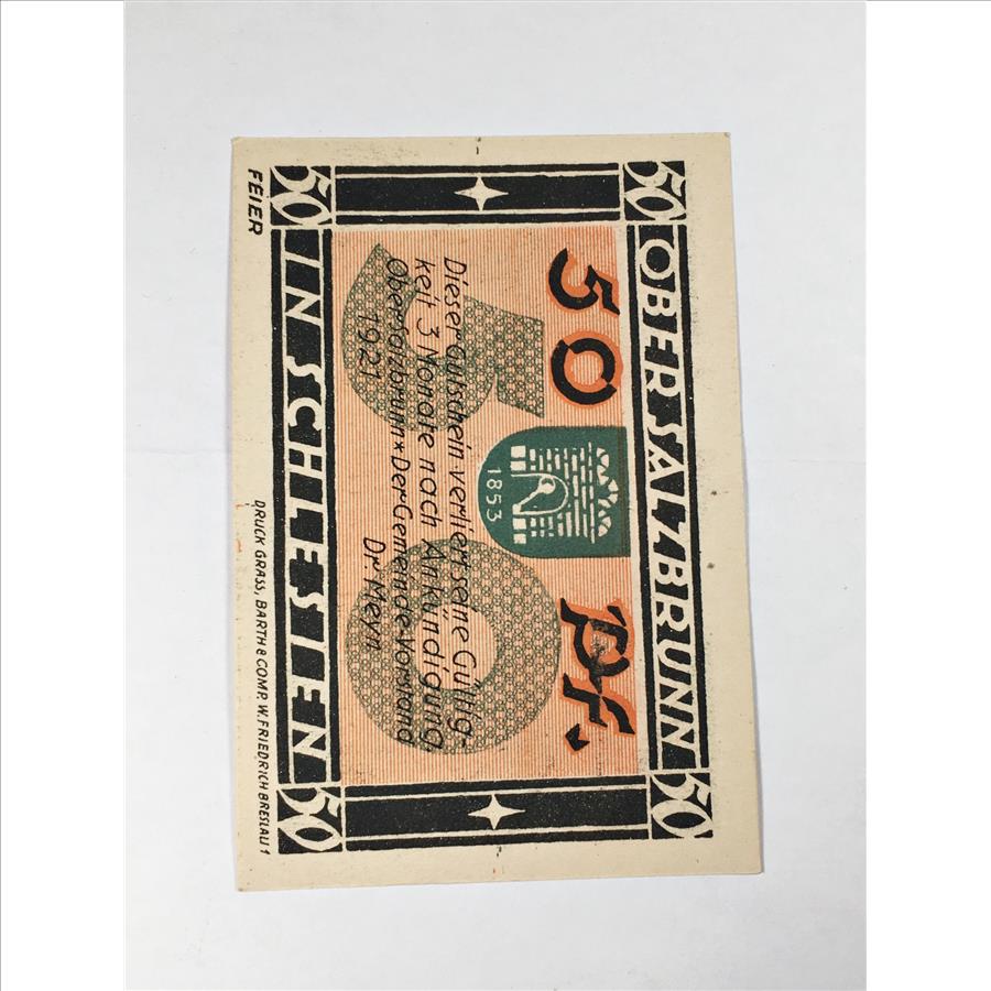 1921 German Notgeld (EMERGENCY ISSUE GERMAN CURRENCY) 50 Pfennig ...