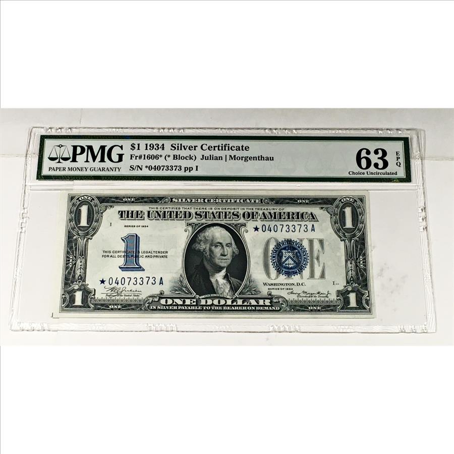 1934 $1 Silver Certificate STAR NOTE*Graded Chice Uncirculated 63 EPQ by PMG*Fr#1606* (* Block ...