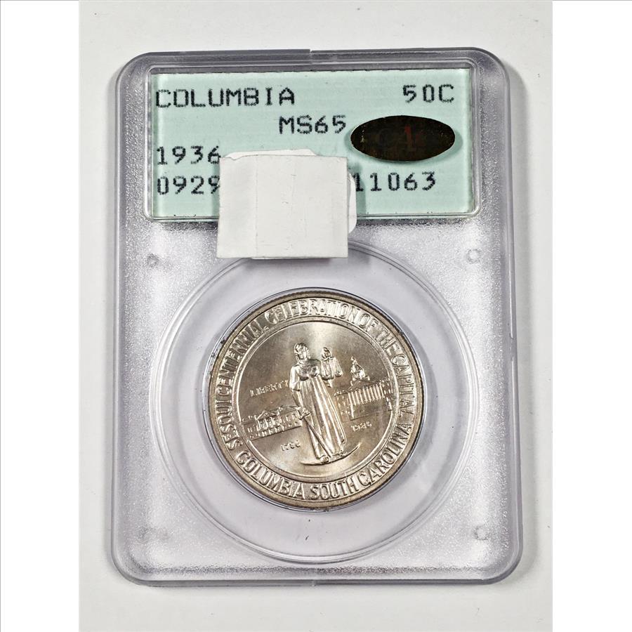 1936 50c "Columbia" Commerative MS65 Graded by PCGS in Rattler Holder ...
