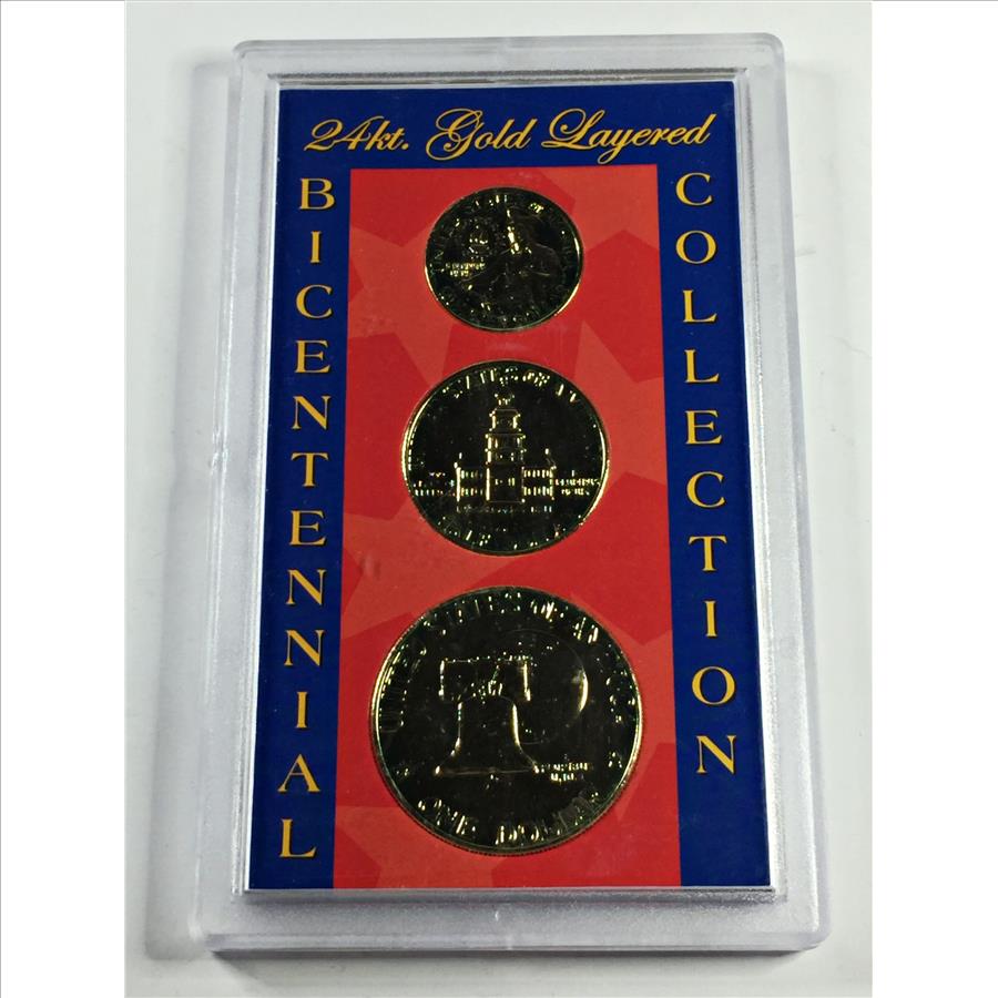 1976 24K Gold Layered US Bicentennial Coin Collection*Eisenhower Dollar, Kennedy Half Dollar and ...