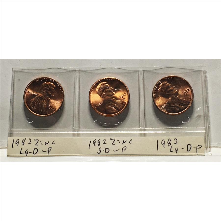 1982-P (large date), 1982-D (small date) and 1982-D (large Date) Lincoln head Memorial Cent ...
