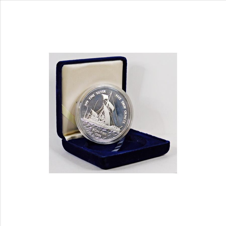 1986 Five Troy Ounce Proof Silver $25 Samoa Kon-Tiki Coin*In Velvet ...
