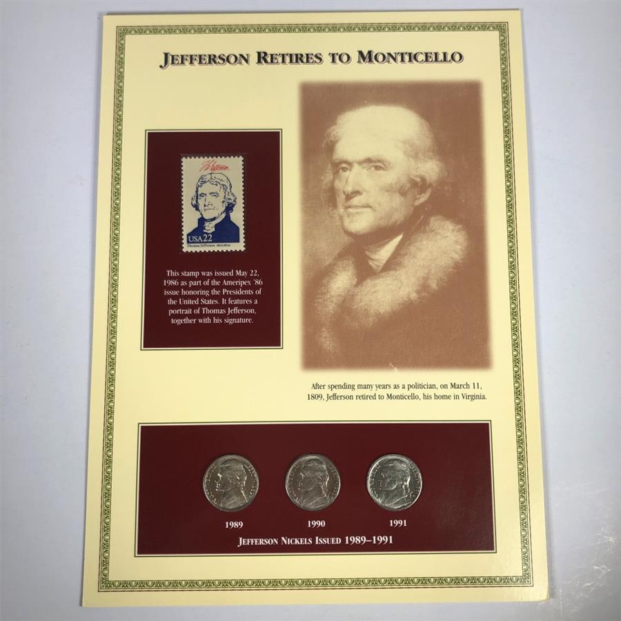 1989-1991 Jefferson Nickel Commemorative Set with Stamp and Informative ...