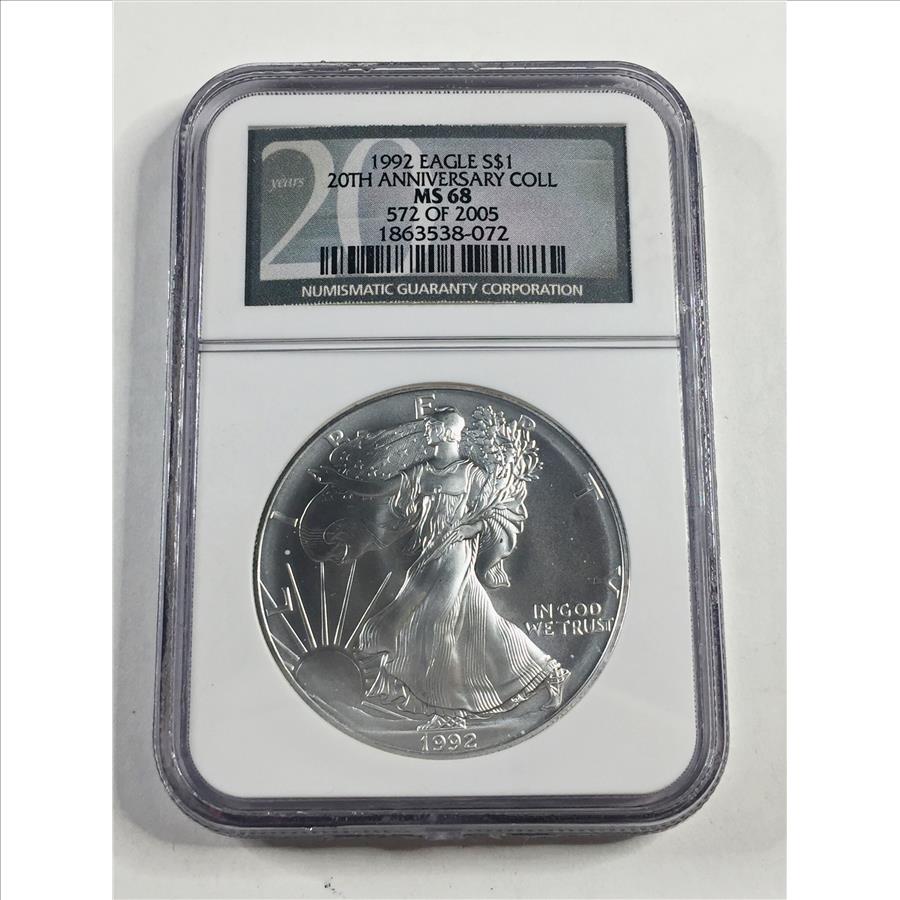 1992 American Silver Eagle*20th Anniversary Collection*#572 of 2005*Graded MS68 by NGC*1oz .999 ...
