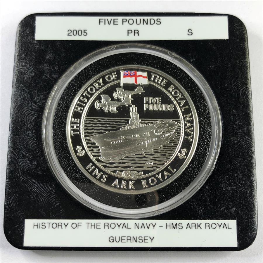 2005 Guernsey Proof Silver £5 Royal Navy-HMS Ark Royal Commemorative ...