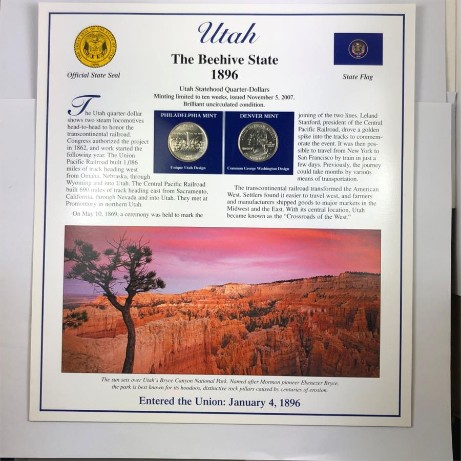 2007-P & D Utah Commemorative Quarters*Uncirculated Encased in 9" x 10 ...