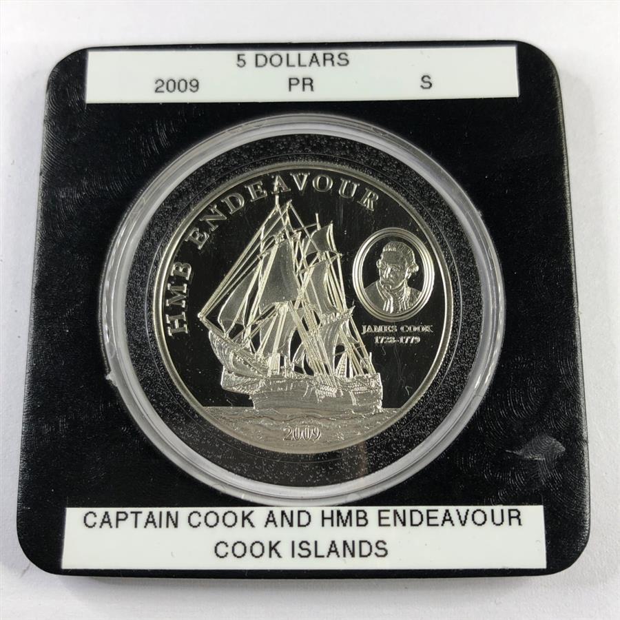 2009 Cook Islands Proof Silver $5 Captain Cook & HMB Endeavour ...