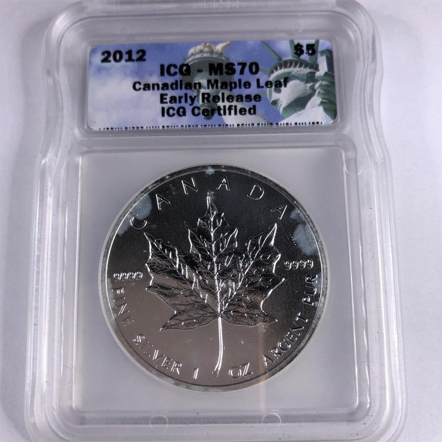 2012 Canada Silver Maple Leaf $5*Early Release*Graded MS70 by ICG*1oz .9999 Fine Silver ...