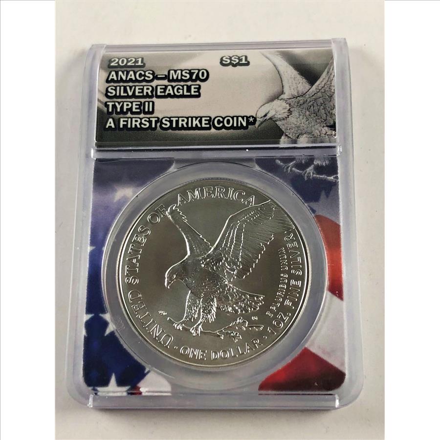 2021 American Silver Eagle Type II*First Strike Coin*Graded MS70 by ANACS*1oz .999 Fine Silver ...