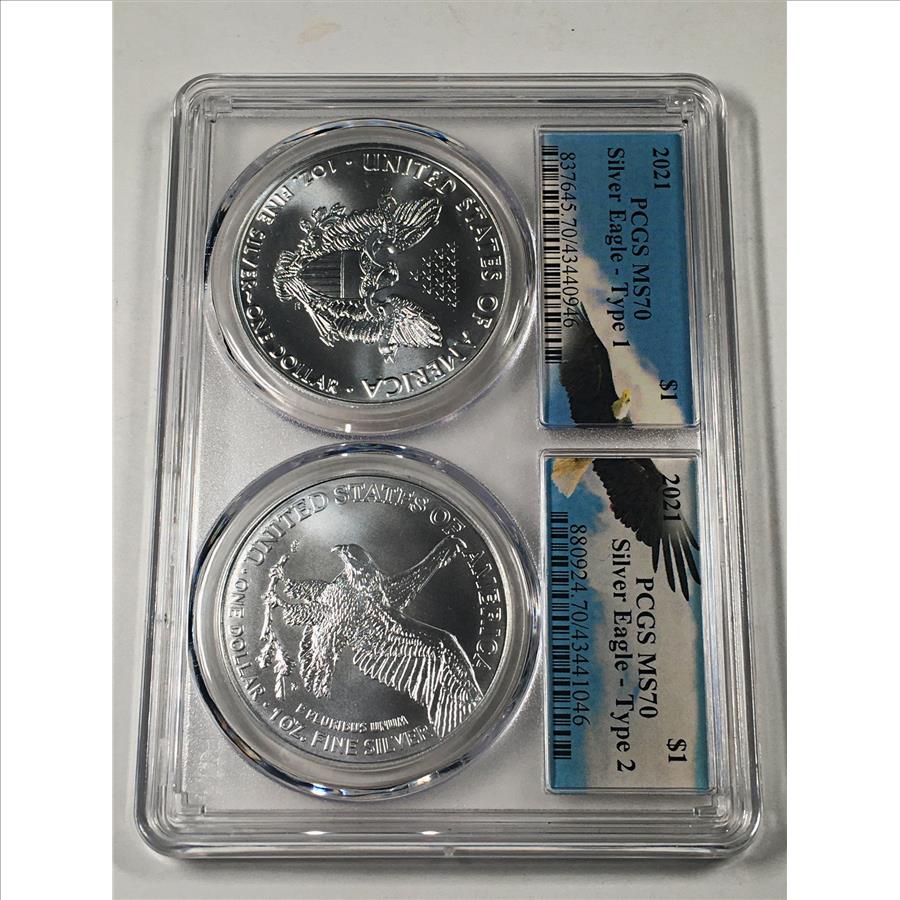 2021 Type 1 & Type 2 American Silver Eagles Set*Graded MS70 by PCGS*2oz .999 Fine Silver*Custom ...