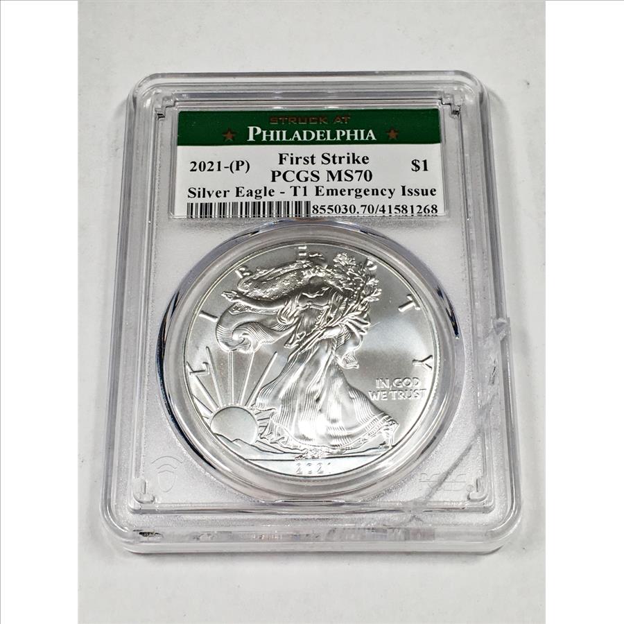 2021-(P) American Silver Eagle T1 Emergency Issue*First Strike*Graded MS70 by PCGS*1oz .999 Fine ...