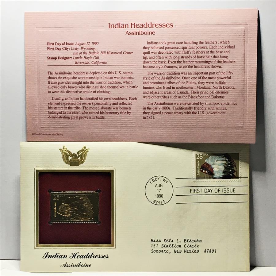 22K Gold Replica Stamp on FDC*1990 Indian Headdresses; Assiniboine ...