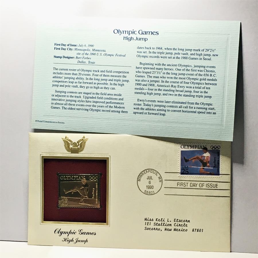 22K Gold Replica Stamp on FDC*1990 Olympic Games; High Jump*Postmarked ...