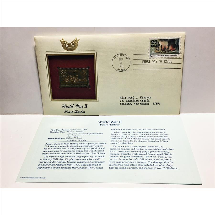 22K Gold Replica Stamp on FDC*1991 World War II; Pearl Harbor ...