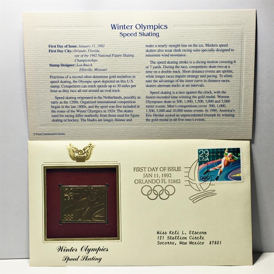 22K Gold Replica Stamp on FDC*1992 Winter Olympics; Speed Skating ...
