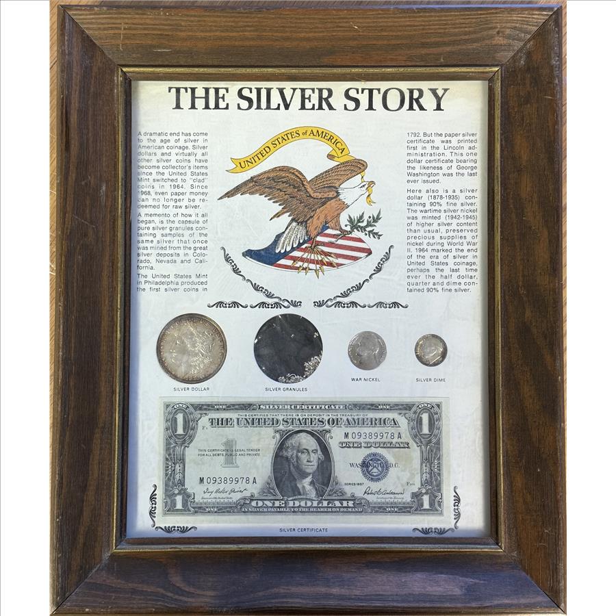 "The Silver Story" Framed Set w/Morgan Silver Dollar, Silver Granules ...