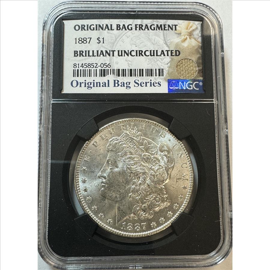 RARE Original Bag Series 1887 Morgan Silver Dollar w/Original Bag Fragment NGC Certified ...