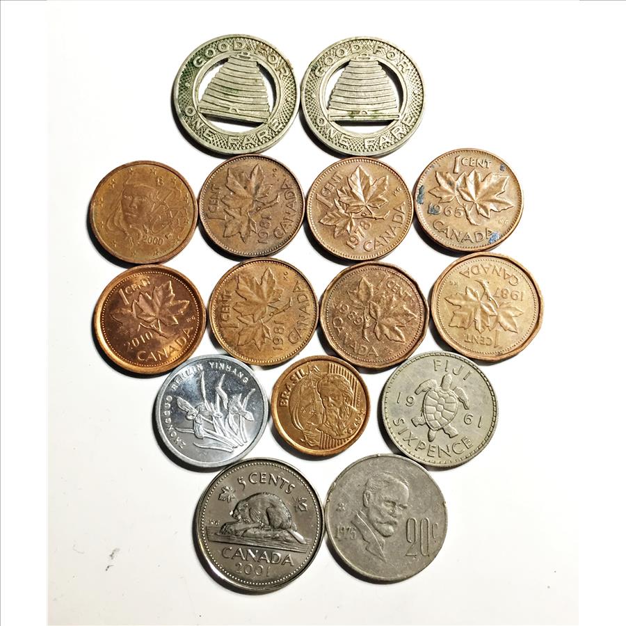 Lot of 14 Transit Tokens, Canadian Coins and Mexican Coins | Property Room