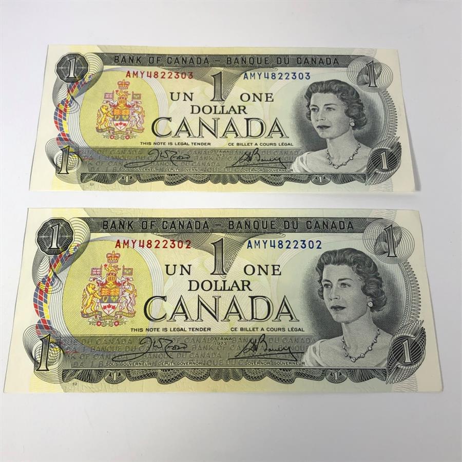 Lot of 2 Consecutive Serial Canada 1 Dollar Notes in Crisp Uncirculated ...