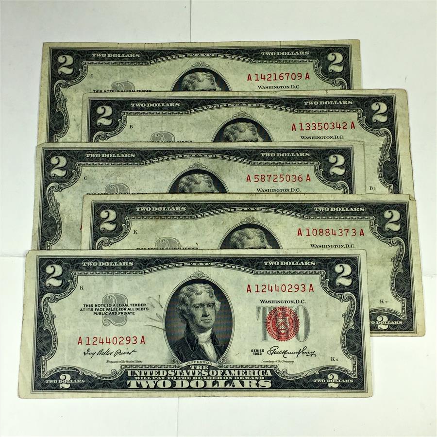 Lot of Five Series 1953 $2 United states Red Seal Notes*Circulated ...