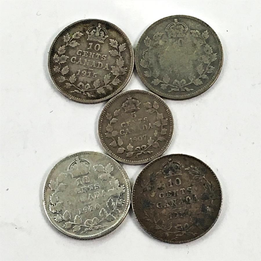 Lot of Five Silver Canadian Coins: Early 1900's Dimes and 1907 Nickel ...