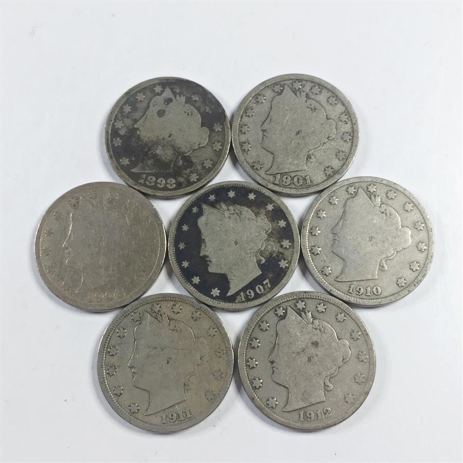 Lot of Seven Liberty Head "V" Nickels: 1912, 1911, 1910, 1907, 1903, 1901 and 1898 | Property Room