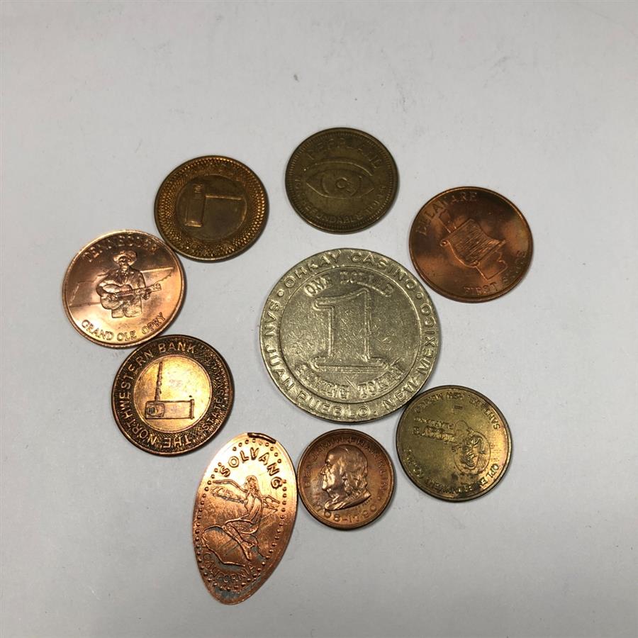 Lot of Ten Medallions/Tokens: Bank Tokens, Elongated Cent, Casino ...