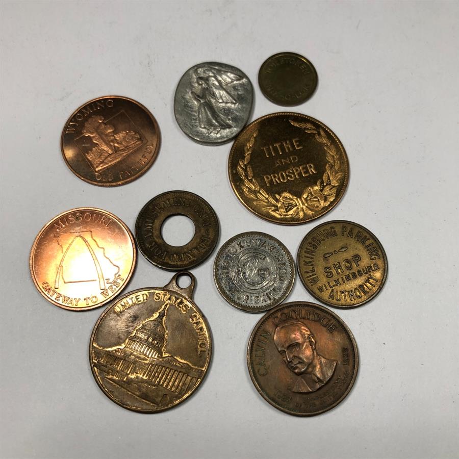 Lot of Ten Medallions/Tokens: State Commemorative Token, Toilet Token ...