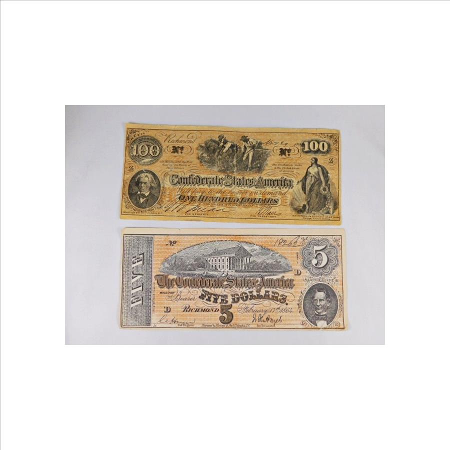 Lot of Two Confederate States of America Replica Notes*$100 Note and $5 ...