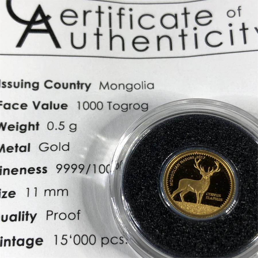 Mongolia GOLD Proof 1000 Togrog .5 gram 9999 Fine Gold Protective ...