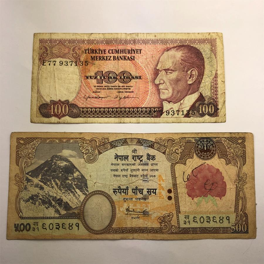 Nepal 500 Rupees Banknote & Turkey 100 Lirasi *In protective sleeve ...