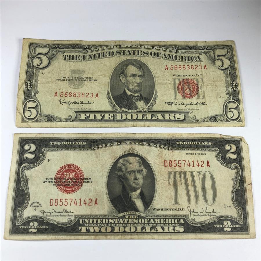 Series 1963 $5 and Series 1928G $2 United States Red Seal Notes ...