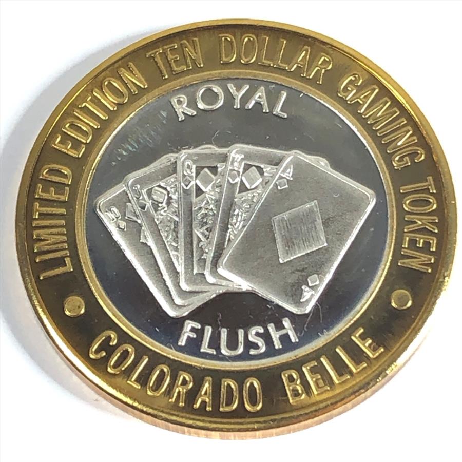 SILVER STRIKE*Colorado Belle; Laughlin, NV $10 .999 Fine Silver Gaming Token*Royal Flush ...