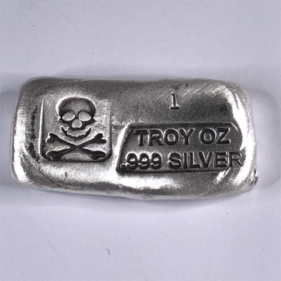 Skull and Bones Hand Poured .999 Silver 1 Troy oz Bar Ingot Pirate ...