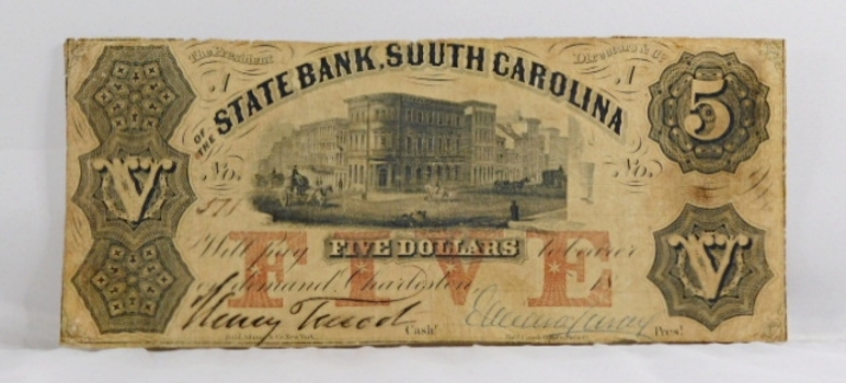 1800's $5 State Bank of South Carolina Obsolete Broken Bank Note ...