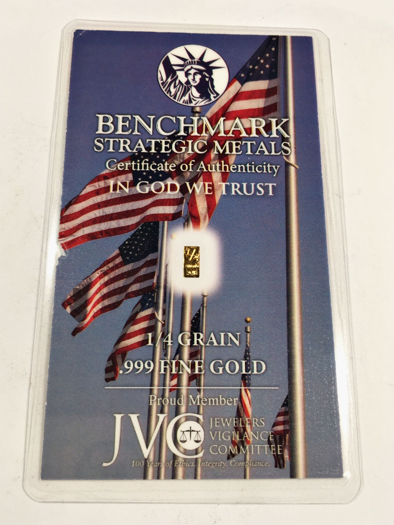 1/4 Grain .999 Fine Gold Bar*Benchmark Strategic Metals*American Flags ...